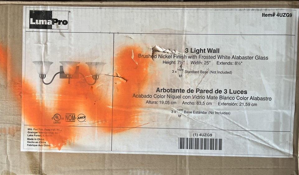 LUMAPRO 3 Light Fixture, Brushed Nickel, Frosted Alabaster Glass 4UZG9 ...