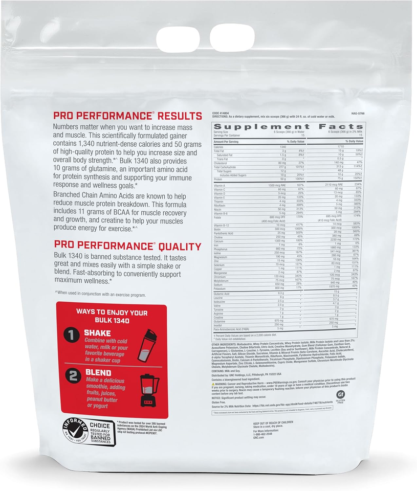 GNC Pro Performance Bulk 1340 Mass Gainer Protein Powder, 50G, Gluten ...