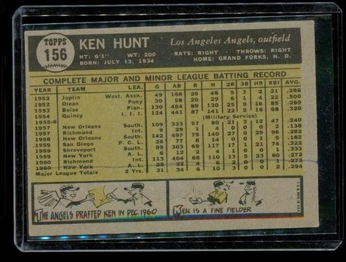 Vintage 1961 TOPPS ROOKIE Baseball Trading Card #156 KEN HUNT Los ...
