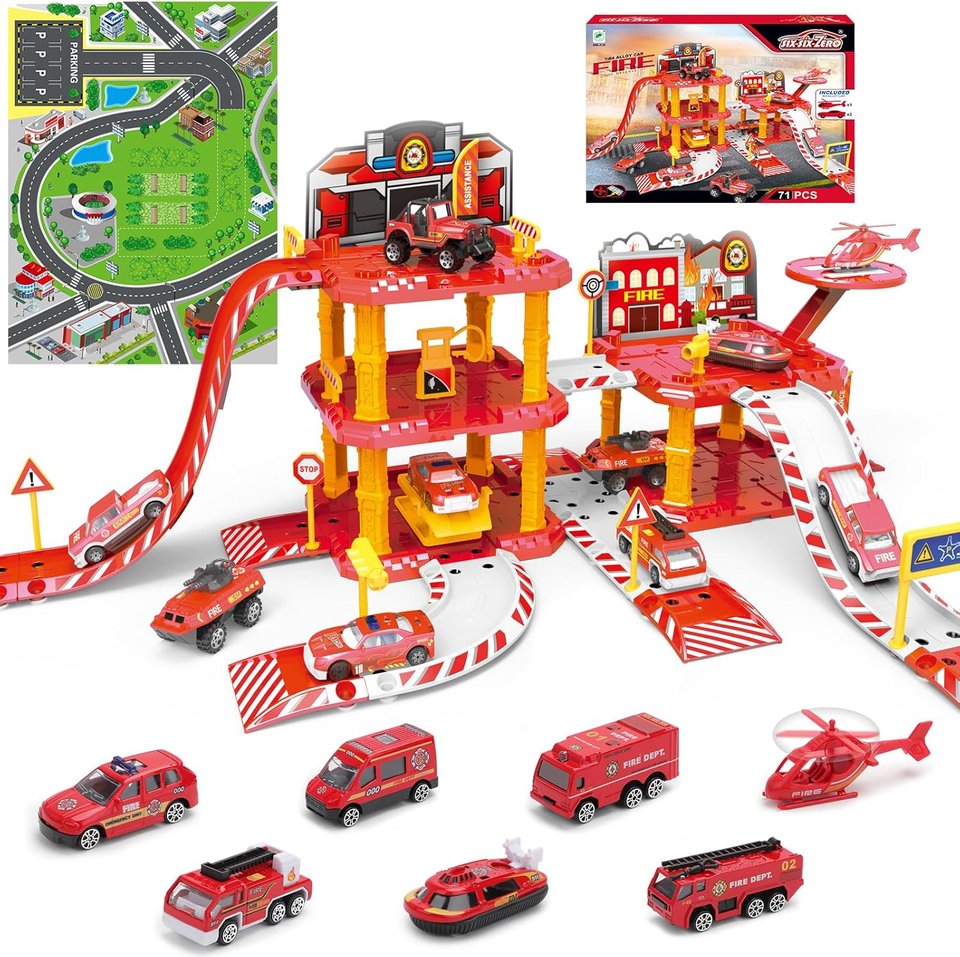 Fire Station Toy Truck Car Race Tracks Vehicle Set Firefighting Playset ...
