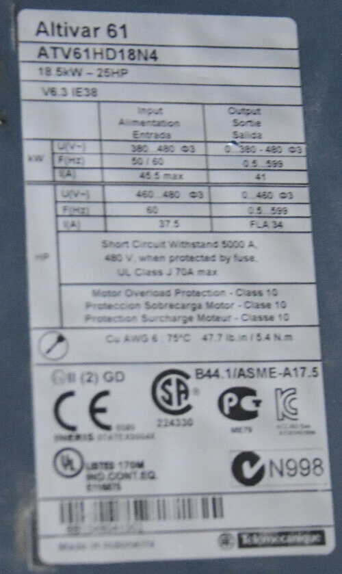 ATV61HD18N4 Schneider Electric 34A 460V 25HP Altivar 61 -SA | eBay