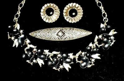 Vtg PARURE Art Nouveau Marcasite RS Enamel Silver-tone N-lace Brooch ...
