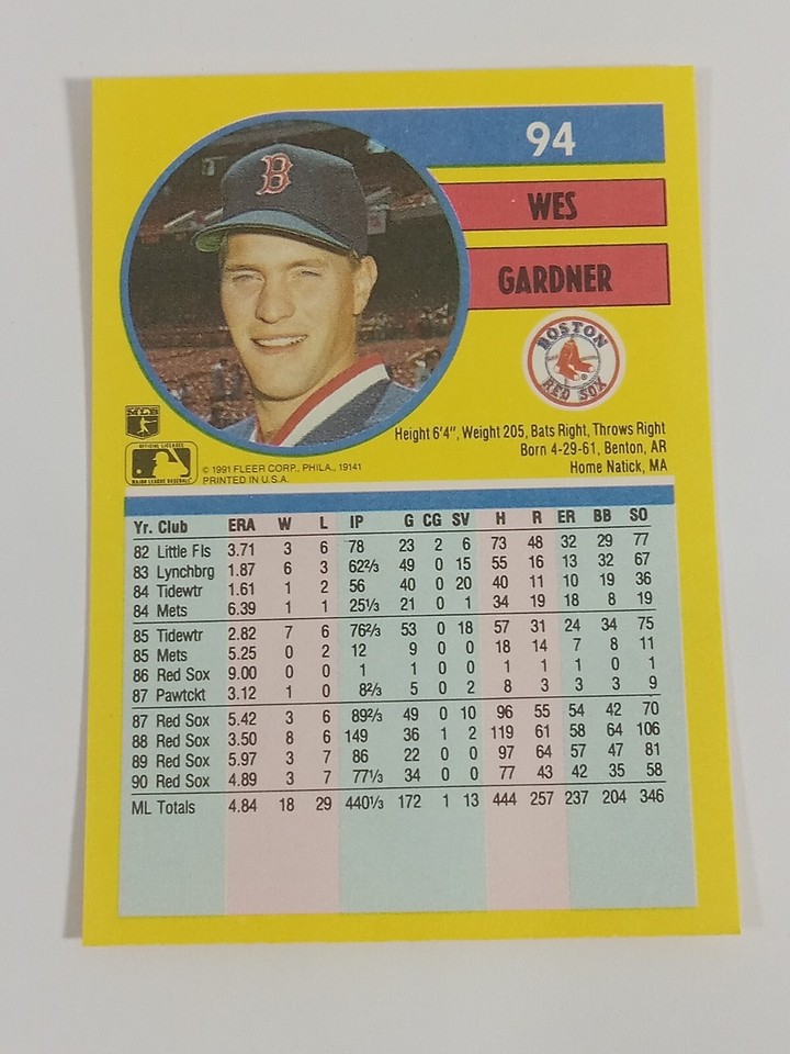 1991 Fleer MLB Baseball Boston Red Sox #94 Wes Gardner | eBay