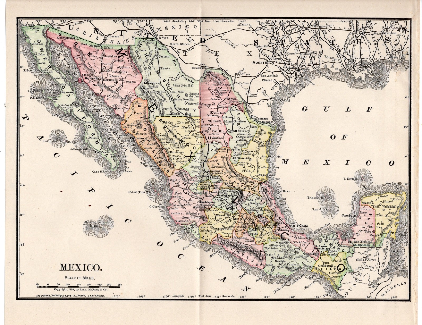 Mexico States Railways Gulf Pacific Borders Map 1890 Fine Antique ...