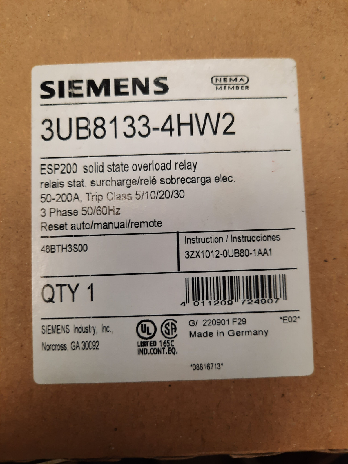 3UB8133-4HW2 Siemens Overload Relay ESP200 50-200A NEW FREE 2 DAY ...