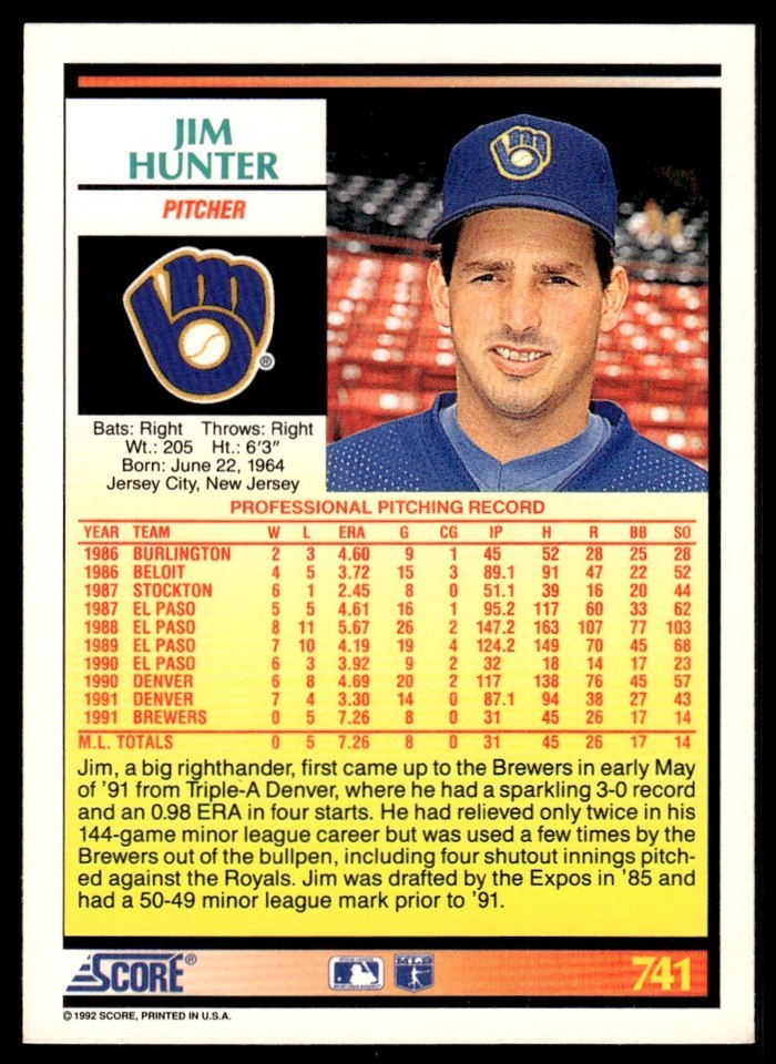 1992 Score Jim Hunter Milwaukee Brewers #741A SEE PICS/DESC MAY BE ...