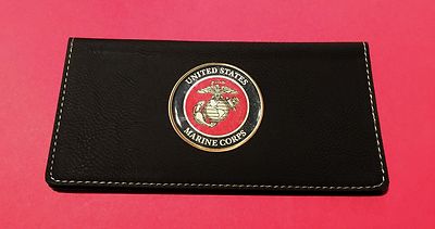 USMC MARINE CORPS BLACK Leatherette Checkbook Cover FAUX LEATHER FREE ...