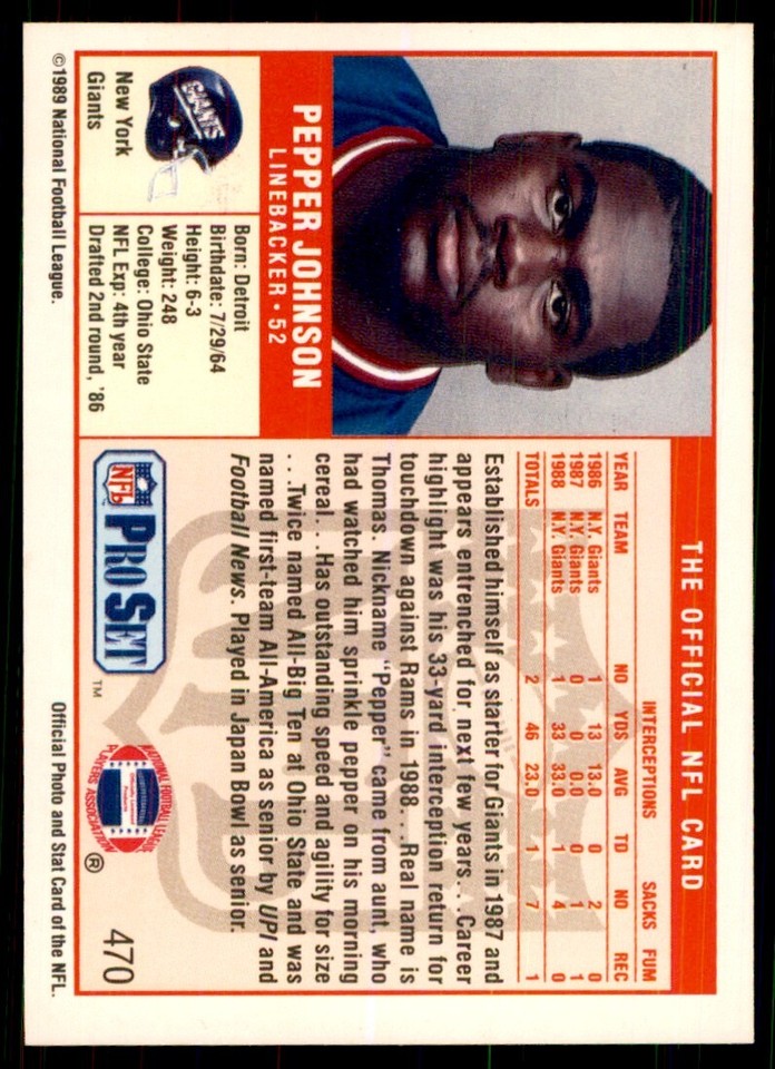 1989 Pro Set. Pepper Johnson Football Cards #470 | eBay