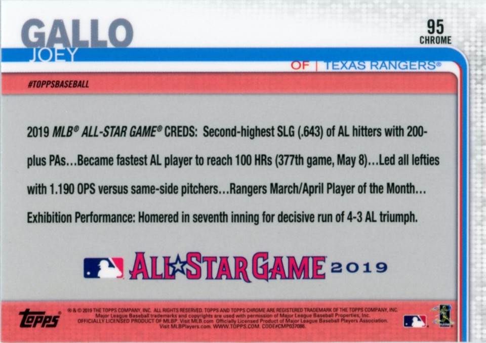 2019 Topps Chrome Baseball Joey Gallo Texas Rangers #95 MLB ASG 2019 TX | eBay