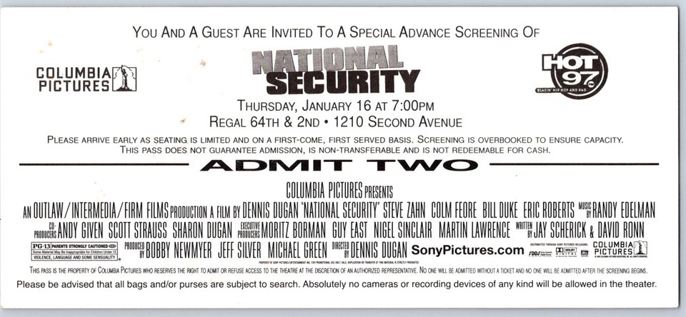 2003 National Security Screening Ticket Martin Lawrence Steve Zahn Colm ...