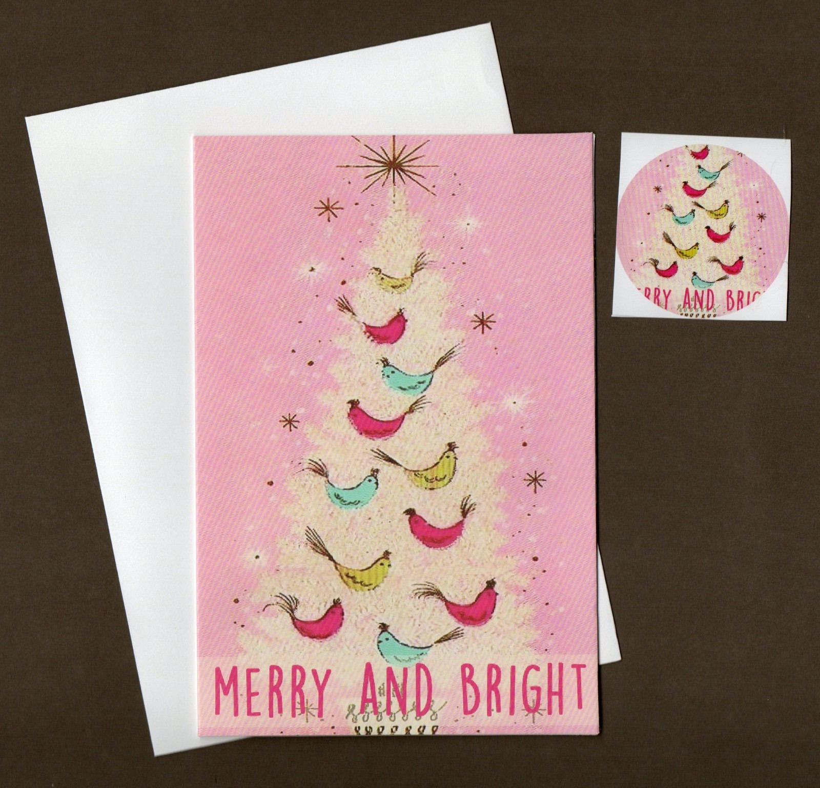 Retro Victorian Christmas Card, Tree Birds, Blank Inside, Pink ...