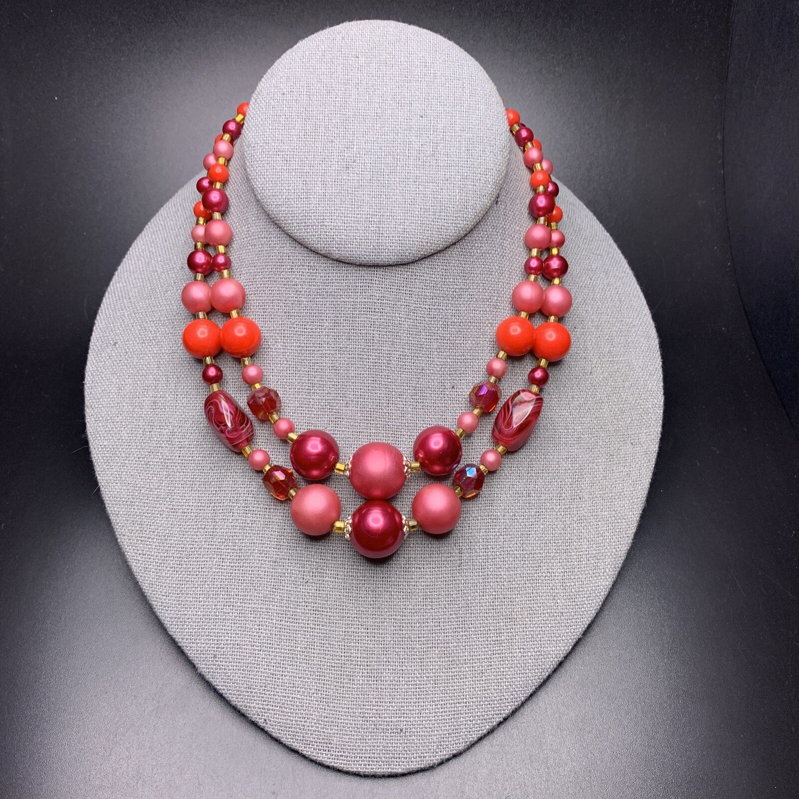 Pink Red Multi Strand Beaded Necklace Collar Japan Mid Century Vintage ...