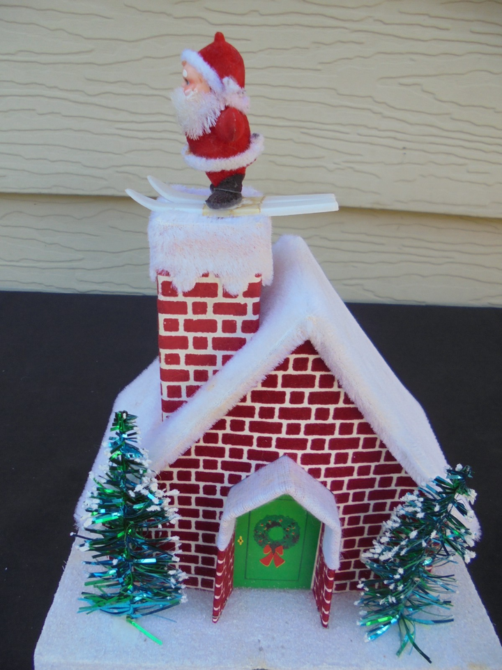 Vintage Animated Music Box Santa Skis Up Rooftop to Chimney Plays ...