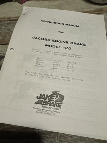 COPY Jacobs Engine Jake Brake Model #20 instruction Shop Manual Cummins ...