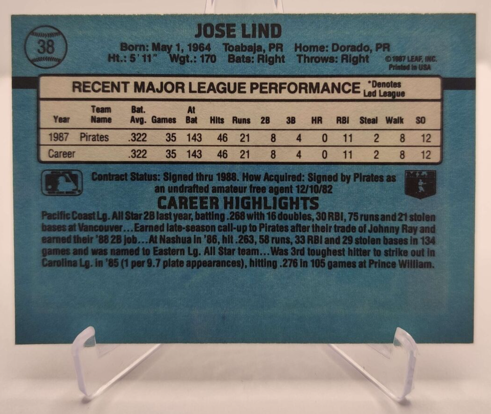 1988 Donruss Baseball #38 Jose Lind Rookie RC Pittsburgh Pirates ...