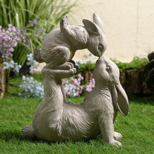 Mother & Baby Rabbit Playing Garden Statue Yard Decor Bunny Ornament ...