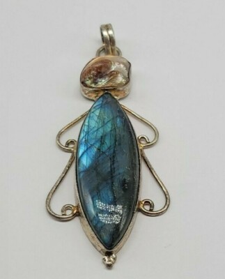 Unique 3.75" Sterling Silver ( .925) Pendant Iridescent Blue Stone ...