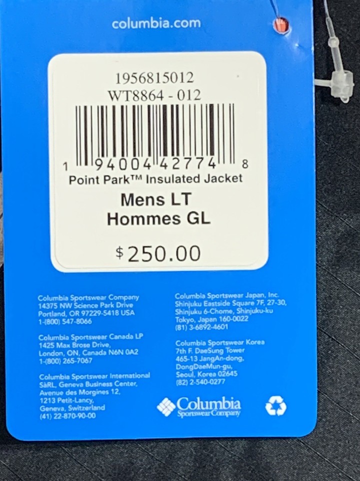 Columbia Men's Point Park Insulated Jacket Black Grey WT8864-012 Sz LT ...