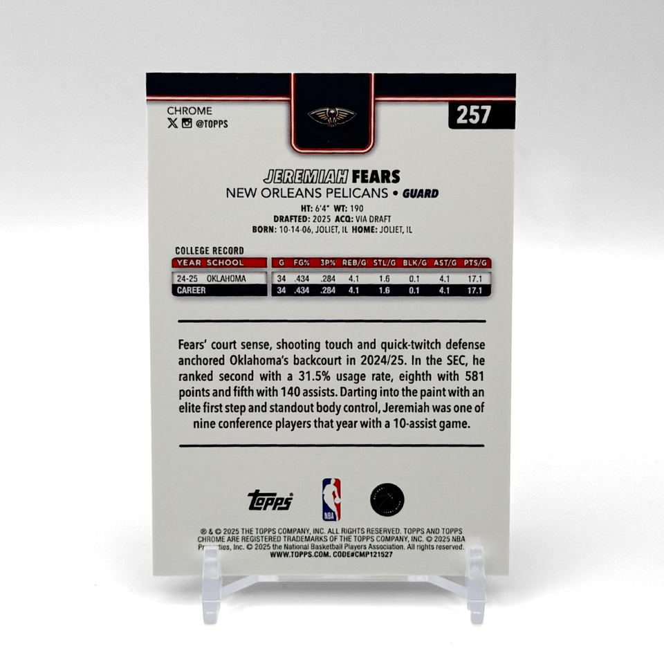 Jeremiah Fears 2025/26 Topps Chrome Basketball Red, White, and Blue ...