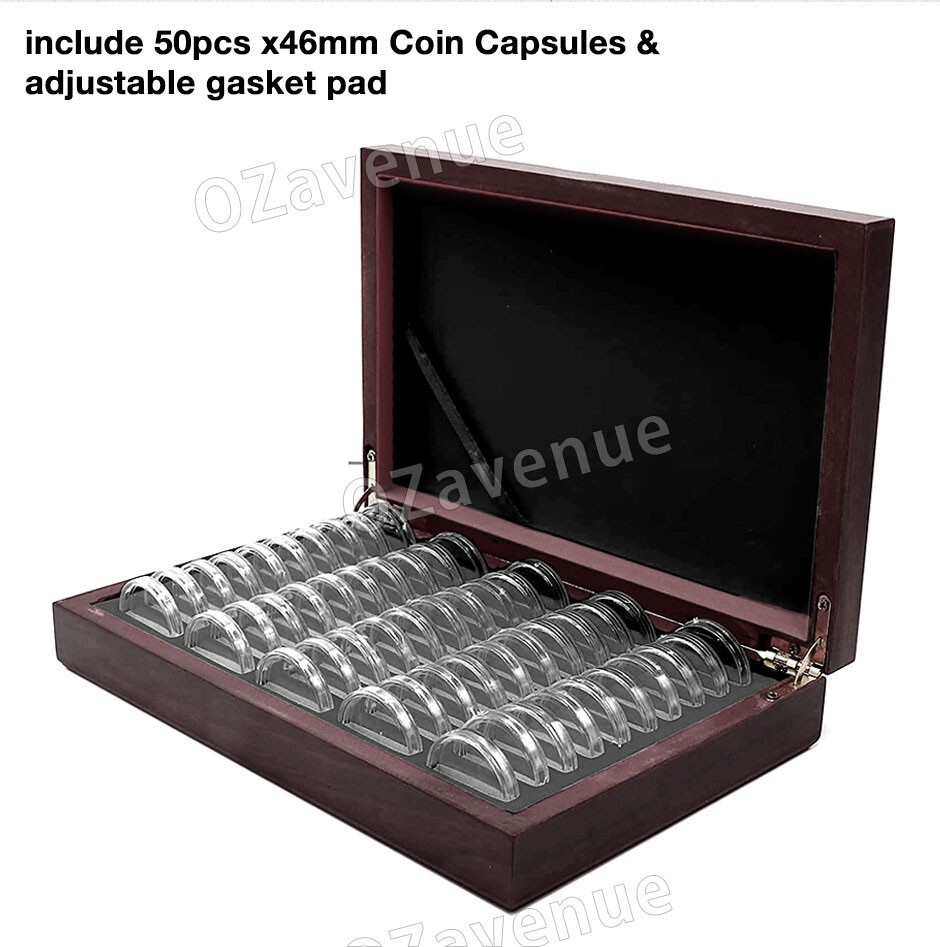 50X 46MM Coin Capsules Storage Box with Wooden Case Holder Collection ...