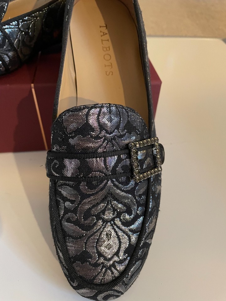 EUC 7 Talbots Black Silver Embossed Jacquard Metallic Flat Shimmer ...