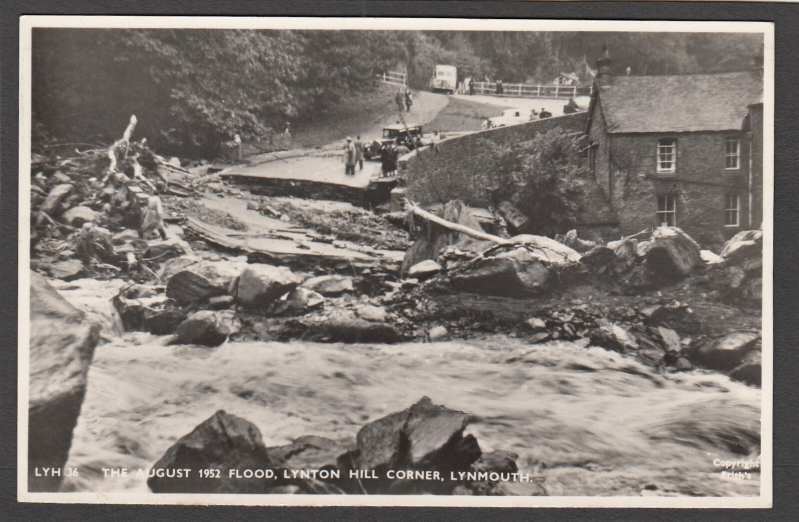 Postcard Lynmouth nr Lynton Devon flood August 1952 Lynton Hill Corner ...
