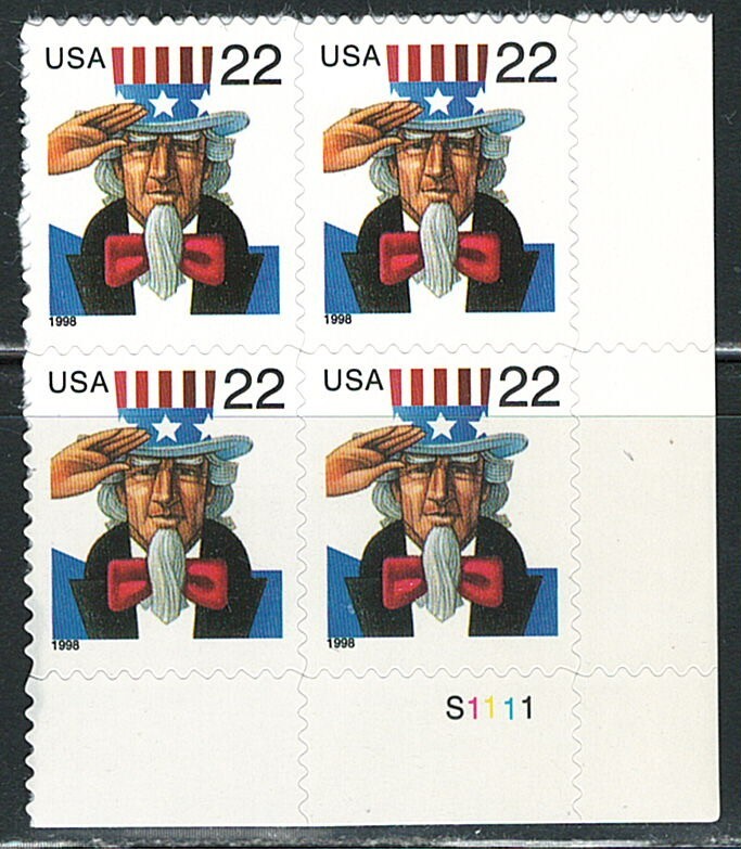 US Mint Block of 4 Uncle Sam Stamps with Plate# S1111, Scott#3259 (MNH ...