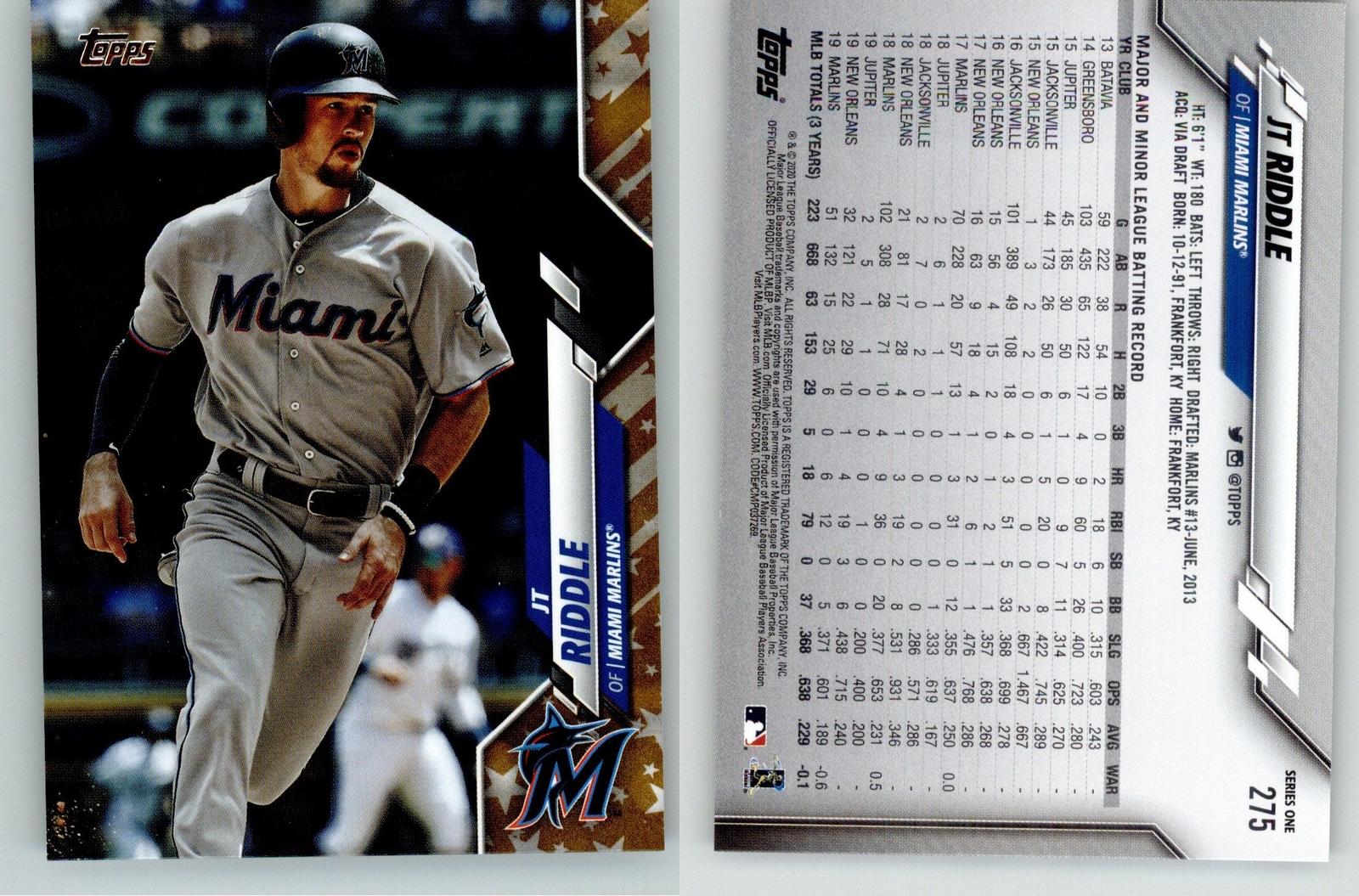 JT Riddle 2020 Topps Gold Star #275 Miami Marlins | eBay