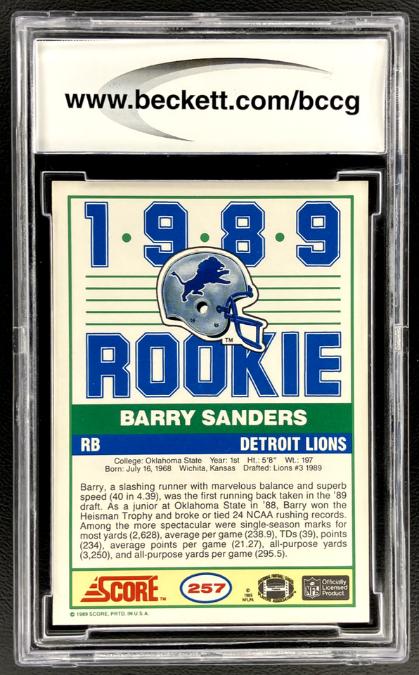 1989 Score #257 Barry Sanders RC Rookie Graded BCCG 10 Mint or Better ...