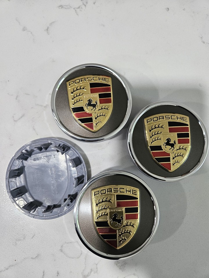 76mm Porsche Wheel Center Caps Brown W Gold 911 718 Boxster Taycan ...