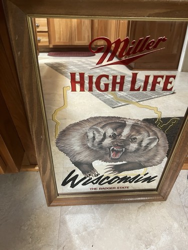 RARE MILLER HIGH LIFE BEER WISCONSIN BADGERS BAR MIRROR SIGN VINTAGE ...