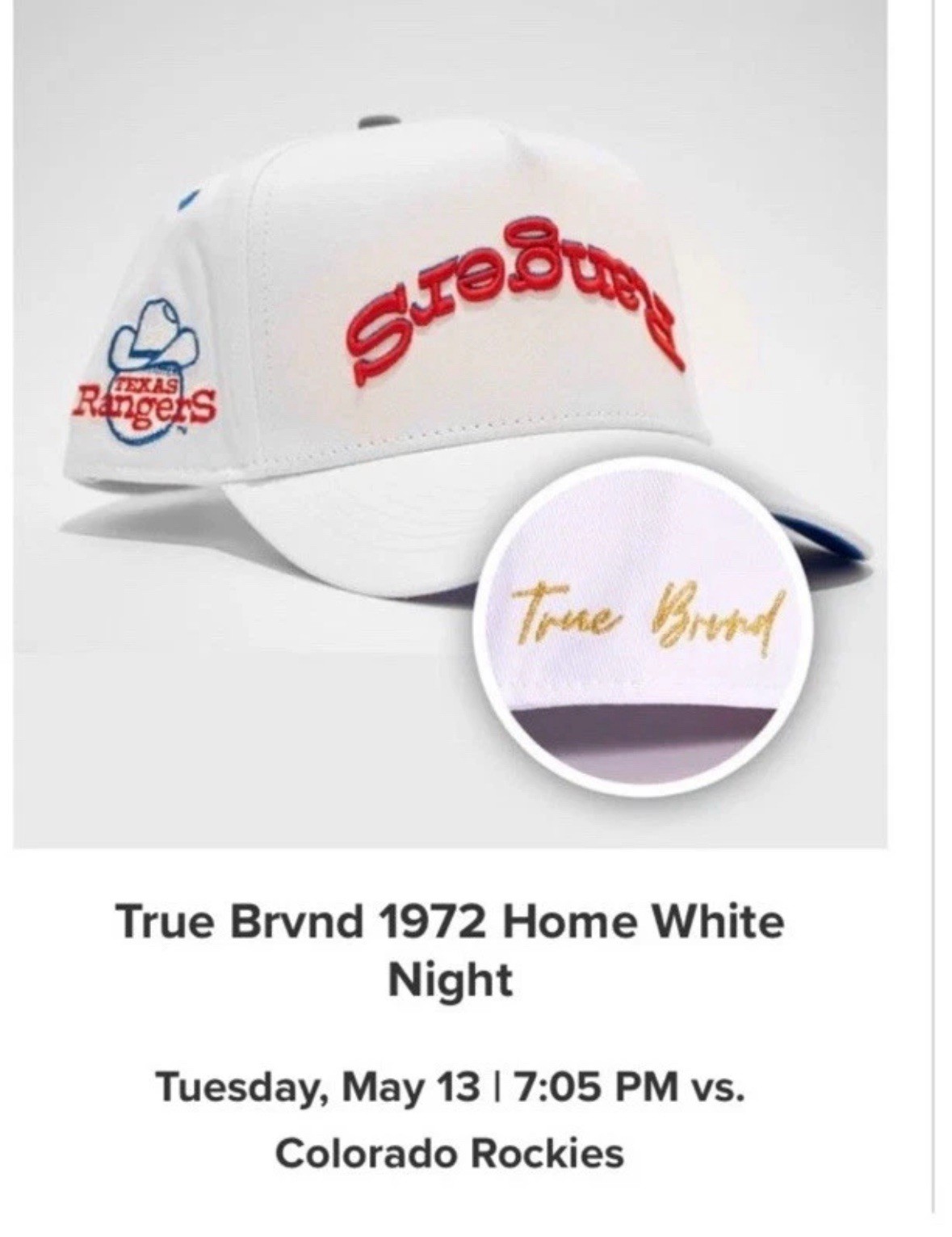 TEXAS RANGERS TRUE BRVND 1972 HOME WHITE BASEBALL HAT CAP THEME NIGHT 5 ...