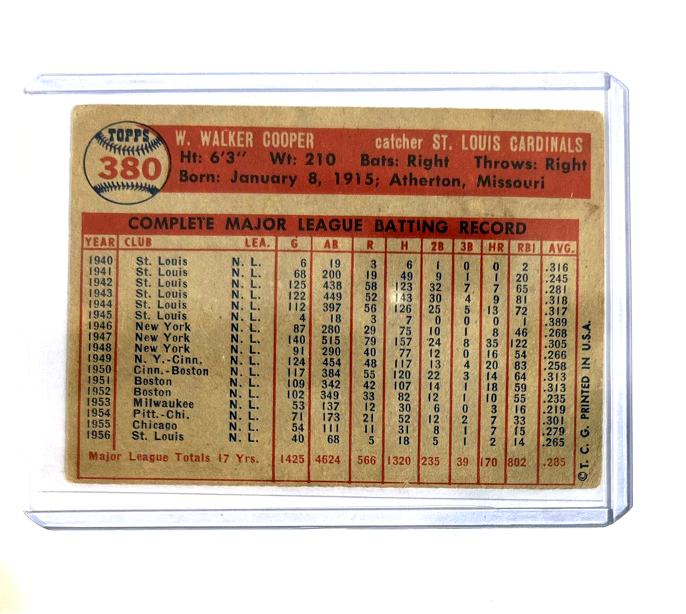 1957 TOPPS #380 Walker Cooper St. Louis Cardinals Catcher EX-EX+ | eBay