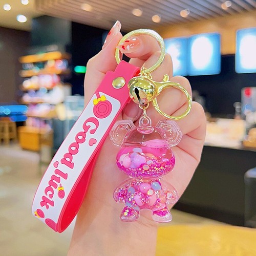 Kids flowing sand glitter pink bear 3D PVC bag charm pendant keychains ...