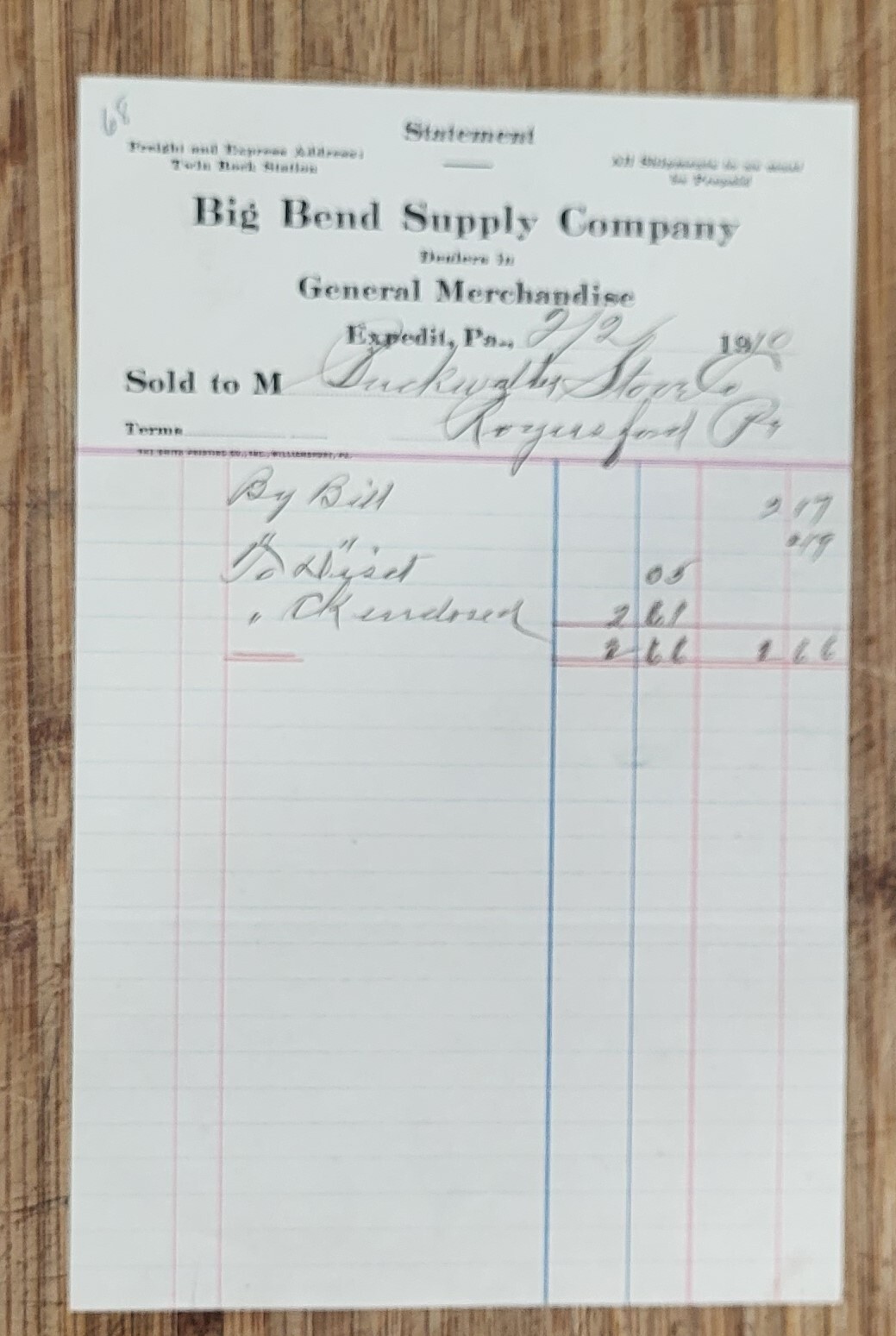 Letterhead 1910 Pennsylvania Expedit Big Bend Supply Company General ...
