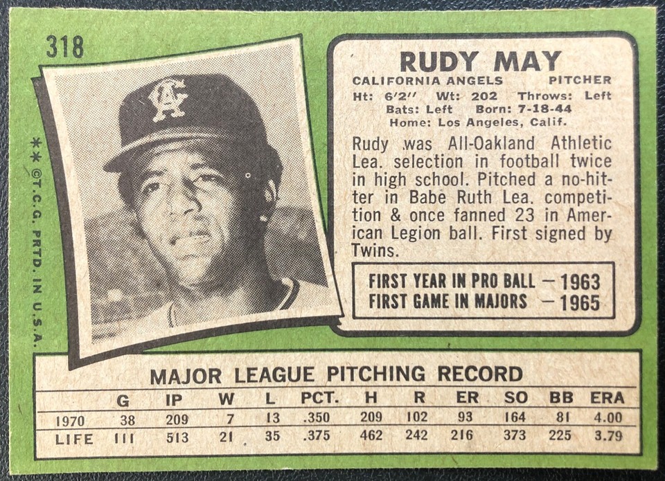 RUDY MAY 1971 TOPPS VINTAGE BASEBALL CARD #318 ANGELS | eBay