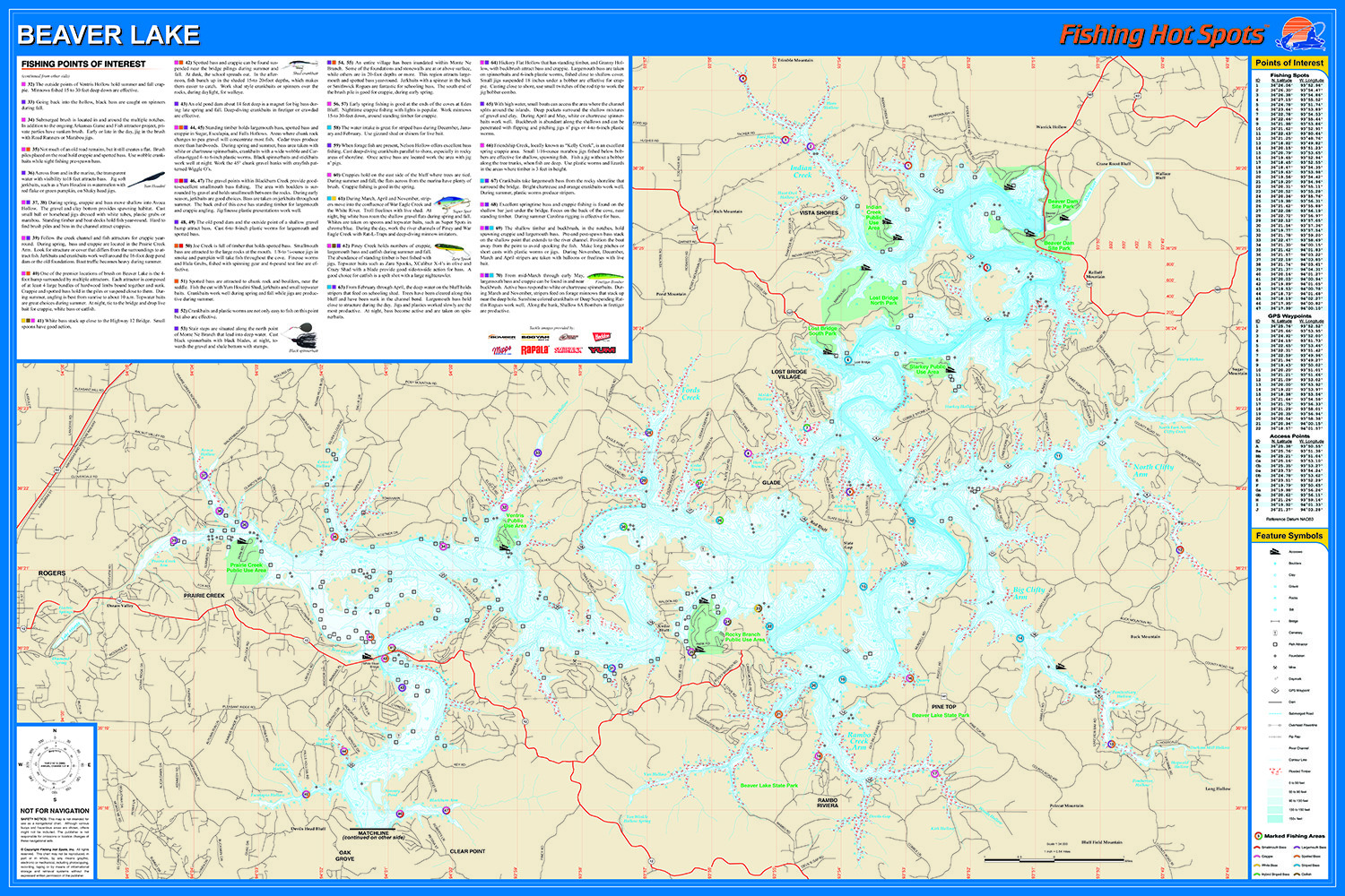 Beaver Lake Detailed Fishing Map, GPS Points, Waterproof, Depth ...