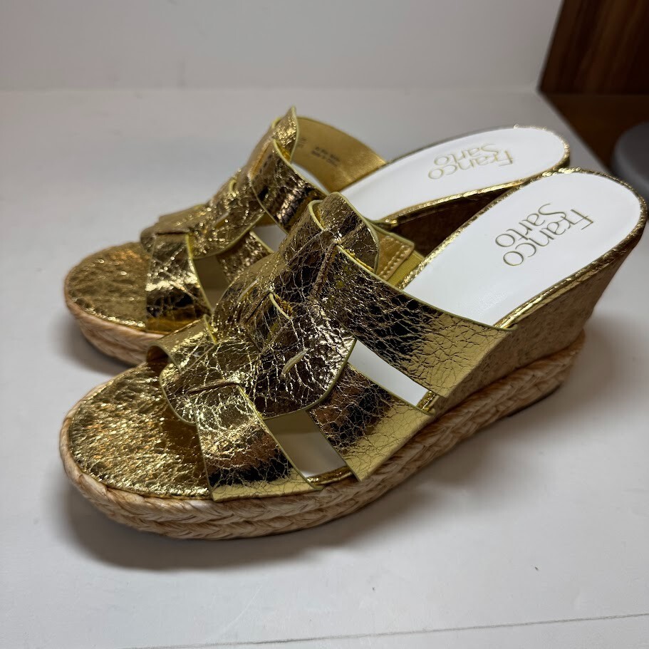 Franco Sarto Womens 9.5 M Gold Fioret Leather Strappy Wedge Sandals NIB ...