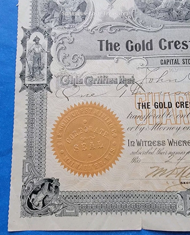 1907 Arizona The Gold Crest Mining Company Stock Cert. Great Piece Of ...