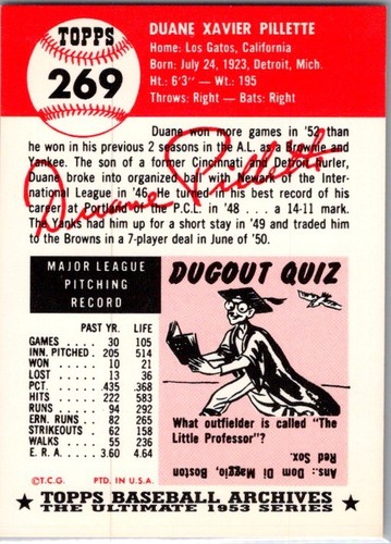 Duane Pillette 1991 Topps Archives #269 St. Louis Browns 1953 Reprint ...