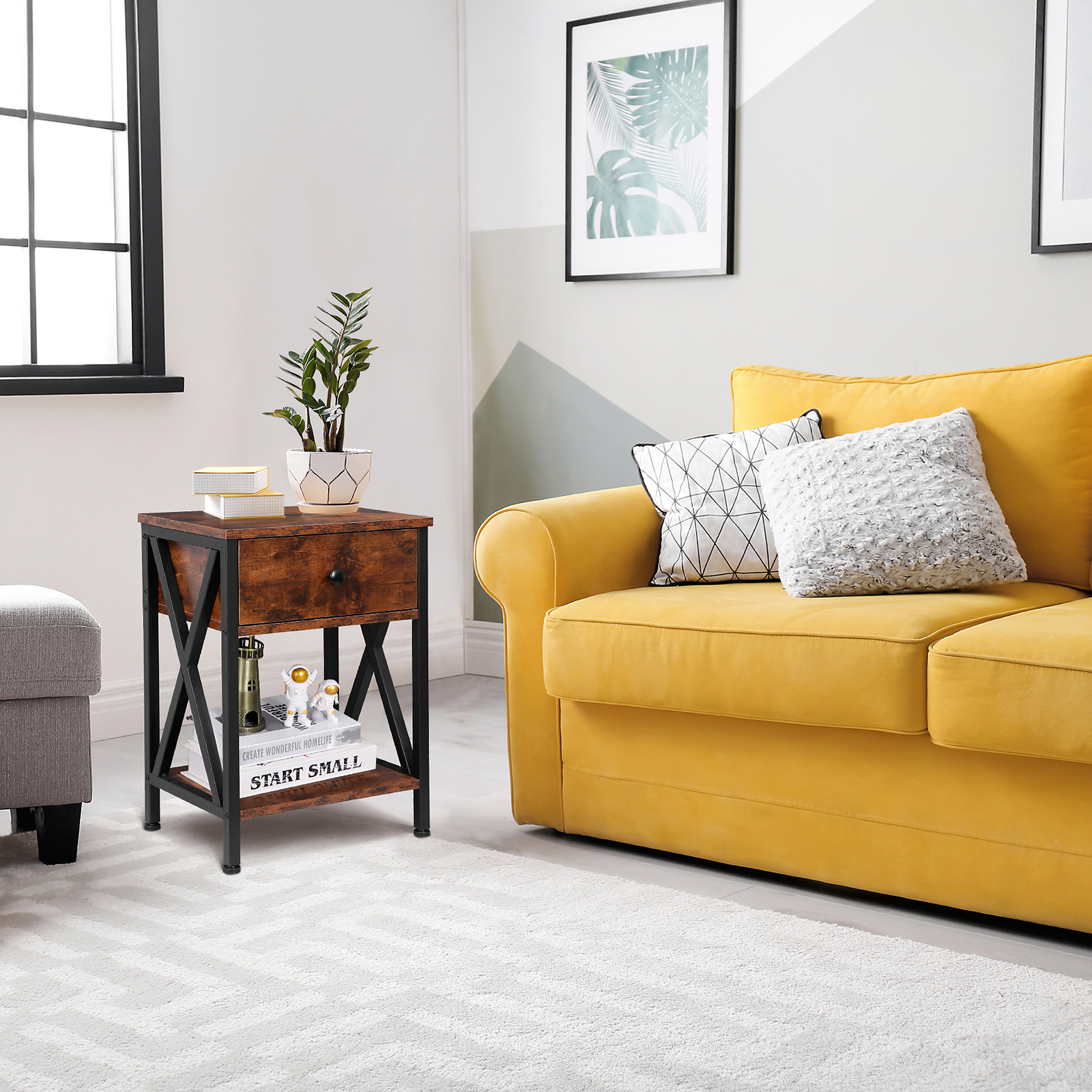 Set of 4 Brown End Table W/ Drawers X Design Small Wooden Side Table ...