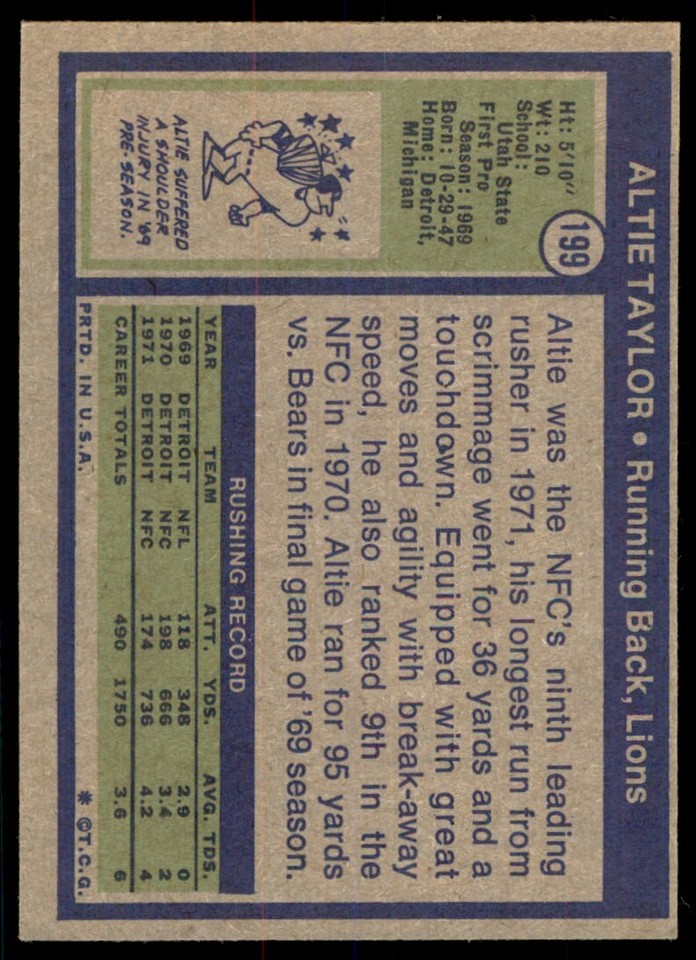 1972 TOPPS ALTIE TAYLOR DETROIT LIONS #199 | eBay