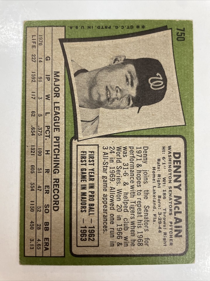 Denny McLain Autographed 1971 Topps Card #750 Washington Senators A-532 ...