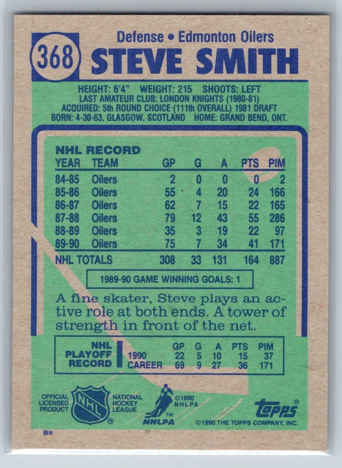 1990-91 Topps Steve Smith Edmonton Oilers #368 | eBay