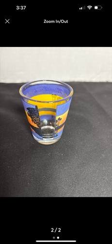 This is a souvenir shot glass featuring a Miami Beach sunset scene with ...