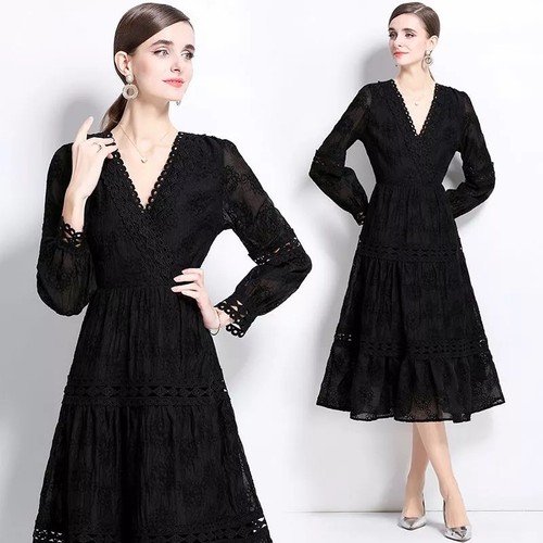 Robe Femme Élégante Bonton Vintage Douce Noire Dentelle Longuette GIPSY ...