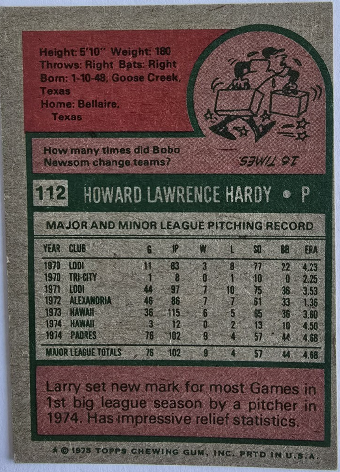 Larry Hardy, 1975 Topps Mini, San Diego Padres, Pitcher, Card # 112 | eBay