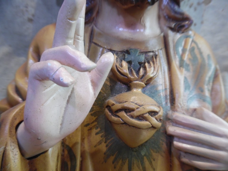 Antique Carved Wood Jesus Sacred Heart Wall Hanging With Glass Eyes ...