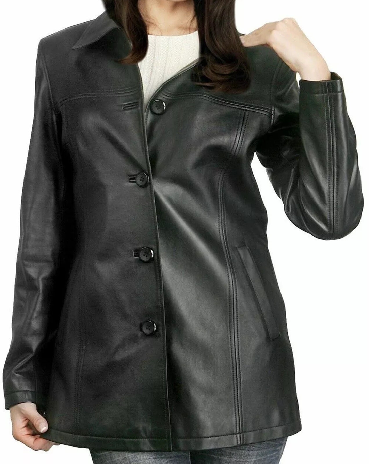 Women's Soft Lambskin Blazer Four Button Coat Genuine Leather ¾ Black Jacket | eBay