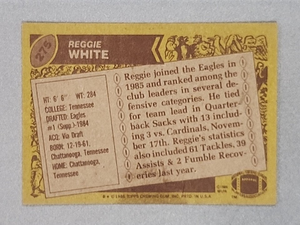 1986 Topps Reggie White Rookie #275 Philadelphia Eagles, Green Bay ...